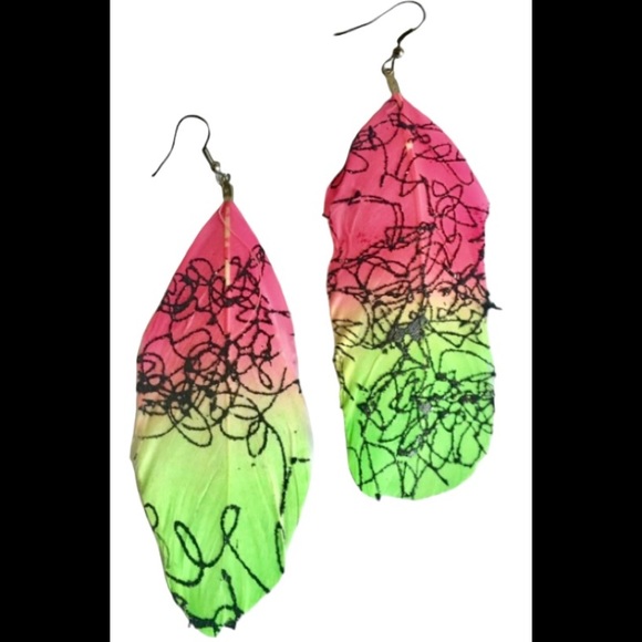 Jewelry | Hot Pink Neon Green Feather Earringsnew | Poshmark